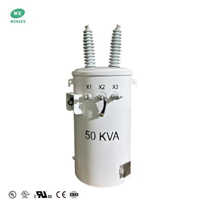 China 50 KVA Pole Mounted Overhead Distribution Transformer 24940V to 120V DOE 2016 Efficiency UL Certified for sale