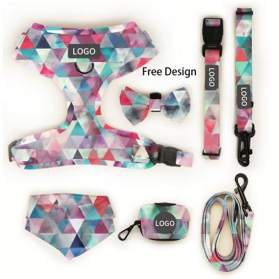 China Custom Logo Soft Padded Reversible Dog Harness Vest Set with Collar Leash Bow Bandana Sizes XS to XL for sale