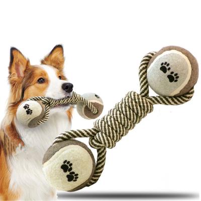 China Cotton Rope Dog Chew Toy with Tennis Ball Dumbbells for Medium Large Dogs 25cm for sale