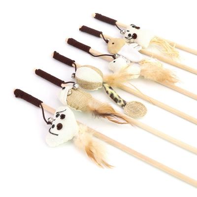 China M Size Cat Teaser Wand Natural Wood Cat Feather Stick Interactive Pet Toy OEM ODM for sale