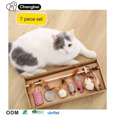 China 7-Piece Cat Teaser Wand Set with Wooden Gift Box - Interactive Cat Toys for Indoor Play for sale
