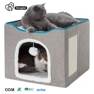 China Warm Pet Sleeping Double Layer Fabric Cat Cave Popular Foldable Indoor Large Cat House for sale