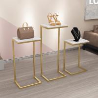 China Durable Gold Metal Wood Floor Type Display Stand Marble-Design Panel Shelf Promotional Rack Clothing Shoes S/M/L Sizes 1 Pcs for sale