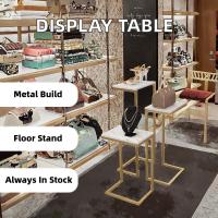 China Durable Gold Metal Wood Floor Type Display Stand Marble-Design Panel Shelf Promotional Rack Clothing Shoes S/M/L Sizes 1 Pcs for sale