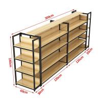 China 4-Layer Aluminum & Wooden Shop Shelving Units Supermarket Shelves for Retail Black Painted for Shoes Tools Garage Food Storage for sale