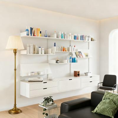 China White Steel Floating Wall Modular Shelf System Adjustable Track Post Living Room Food Clothing Storage 5-Layer Modern Design for sale