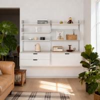 China White Steel Floating Wall Modular Shelf System Adjustable Track Post Living Room Food Clothing Storage 5-Layer Modern Design for sale