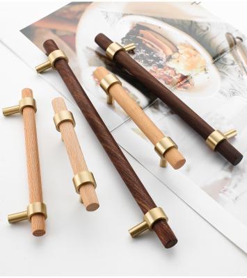 China Nordic Gold Minimalist Beech Wood Cabinet Door Handle with Long Brass Pull Natural Wood Style for Wardrobe or Drawer for sale