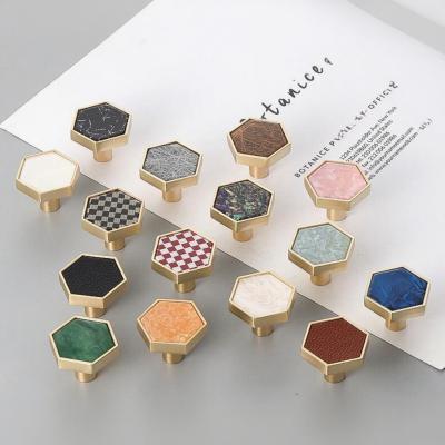 China Zinc Alloy Marble Pattern Shell Stone Handle Hexagonal Cabinet Knob Hook Hole for Kitchen Bathroom Hotel Furniture for sale