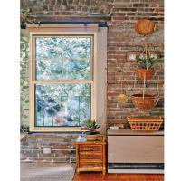 China 62 Series Small Apricot UPVC Single Hung Window PVC Vinyl Glass Grill for sale