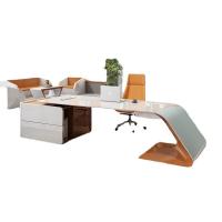 China Office Furniture Luxury Design Glossy Executive Desk with L Shape and Long Size Cabinet for sale