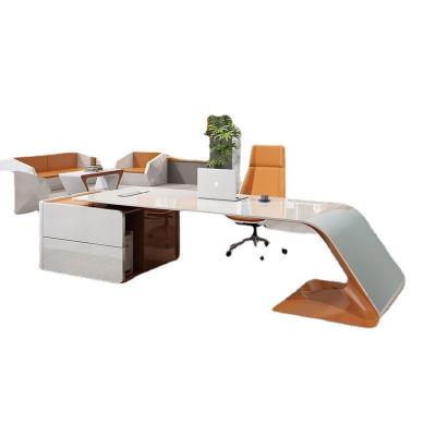 China Office Furniture Luxury Design Glossy Executive Desk with L Shape and Long Size Cabinet for sale