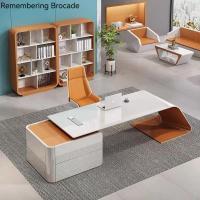 China Office Furniture Luxury Design Glossy Executive Desk with L Shape and Long Size Cabinet for sale