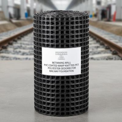 China Retaining Wall PVC Coated Warp Knitted PET Polyester Geogrid For Railway Foundation for sale