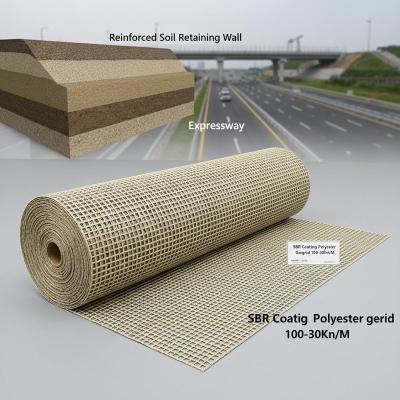 China SBR Coating Polyester Geogrid 100-30Kn/M PET Uniaxial Reinforced Soil Retaining Wall Expressway for sale