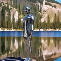 China Custom Modern Abstract Man Stainless Steel Sculpture Life Size Mirror Polished Metal Art for Outdoor for sale