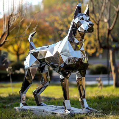China Modern Geometry Stainless Steel Dog Sculpture 120cm Height Polished Finish Garden Decoration for sale