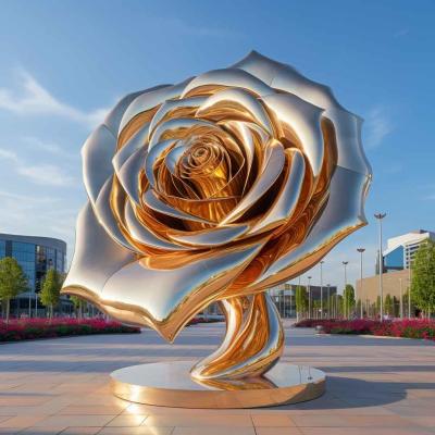 China Mirror Gold Stainless Steel Rose Sculpture 150cm Height Garden Decoration for sale