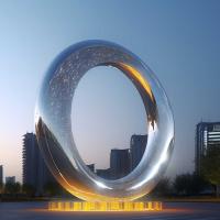 China Outdoor Mirrored Stainless Steel Ring Sculpture 450cm Height with Integrated Lighting for sale