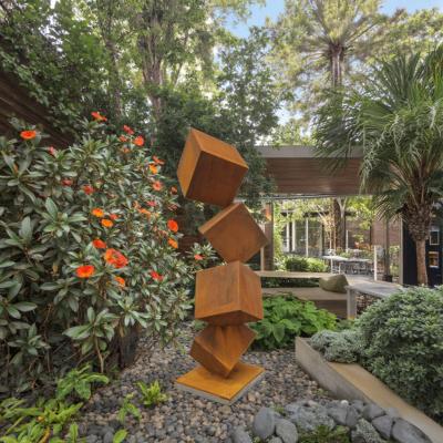 China Corten Steel Garden Cube Tower Sculpture Rusty Abstract Outdoor Metal Art Custom Size for sale