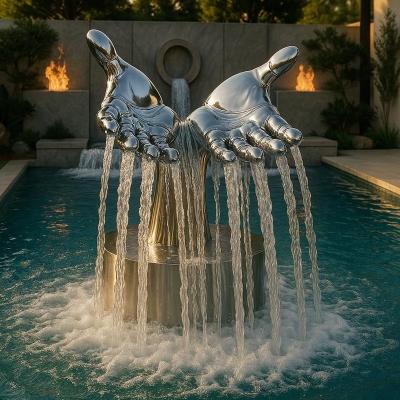 China Large Stainless Steel Mirror Finish Hands Fountain Sculpture 300cm H Custom for sale