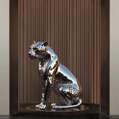 China Stainless Steel Cheetah Animal Sculpture 120cm Height Polished Finish Hotel Decoration for sale