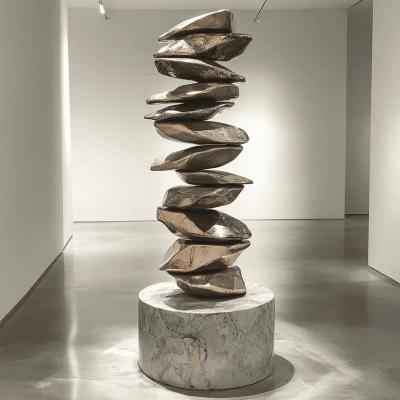 China Grade 316 Stainless Steel Balanced Rock Sculpture 300cm H with Marble Pedestal for Hotel Lobby for sale