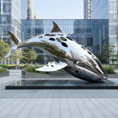 China Stainless Steel Whale Sculpture Modern Marine Art for Garden Water Feature Outdoor Decor Custom Size for sale