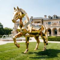 China Life Size Stainless Steel Geometric Horse Sculpture Mirror Gold Finish for Garden Hotel Lobby Decor for sale