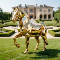 China Life Size Stainless Steel Geometric Horse Sculpture Mirror Gold Finish for Garden Hotel Lobby Decor for sale