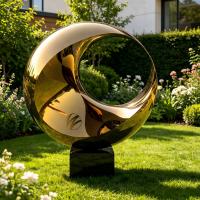 China Titanium Gold Polished Stainless Steel Abstract Ring Sculpture 1700mm with Black Granite Base for sale