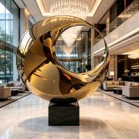 China Titanium Gold Polished Stainless Steel Abstract Ring Sculpture 1700mm with Black Granite Base for sale