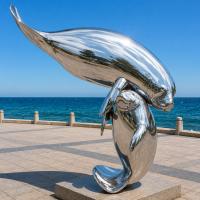 China Life Size Mirror Polished Stainless Steel Manatee Sculpture Outdoor Ocean Animal Statue for Plaza Park Decoration for sale