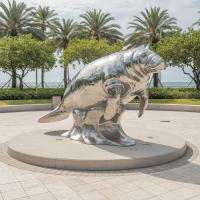 China Life Size Stainless Steel Manatee Sculpture Mirror Polished 1.5m Ocean Animal Statue for Plaza Park Seaside Decoration for sale