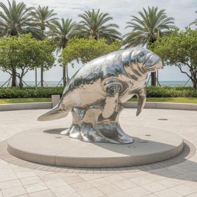 China Life Size Stainless Steel Manatee Sculpture Mirror Polished 1.5m Ocean Animal Statue for Plaza Park Seaside Decoration for sale