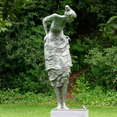 China Handmade Bronze Woman and Frog Garden Statue - Life Size Patina Sculpture for sale