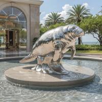China Life Size Stainless Steel Manatee Sculpture Mirror Polished 1.5m Ocean Animal Statue for Plaza Park Seaside Decoration for sale