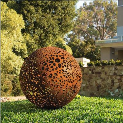 China Large Garden Decorative Corten Steel Rusty Hollow Metal Sphere Sculpture with Perforated Design for Outdoor Landscape Art for sale
