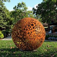 China Large Garden Decorative Corten Steel Rusty Hollow Metal Sphere Sculpture with Perforated Design for Outdoor Landscape Art for sale