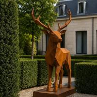 China Life Size Geometric Stag Deer Metal Sculpture Weathering Corten Steel Low Poly Animal Statue Modern Outdoor Garden Decor Custom for sale