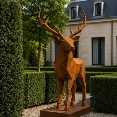 China Life Size Geometric Stag Deer Metal Sculpture Weathering Corten Steel Low Poly Animal Statue Modern Outdoor Garden Decor Custom for sale