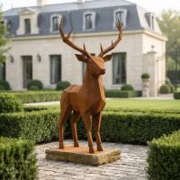 China Life Size Geometric Stag Deer Metal Sculpture Weathering Corten Steel Low Poly Animal Statue Modern Outdoor Garden Decor Custom for sale