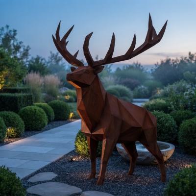 China Custom Life Size Corten Steel Elk Sculpture Low Poly Geometric Metal Stag Statue Outdoor Garden Decor Rusted Weathered Steel Animal Art for sale