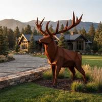 China Custom Life Size Corten Steel Elk Sculpture Low Poly Geometric Metal Stag Statue Outdoor Garden Decor Rusted Weathered Steel Animal Art for sale