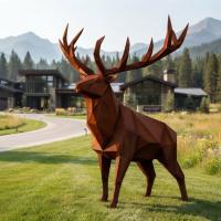 China Custom Life Size Corten Steel Elk Sculpture Low Poly Geometric Metal Stag Statue Outdoor Garden Decor Rusted Weathered Steel Animal Art for sale
