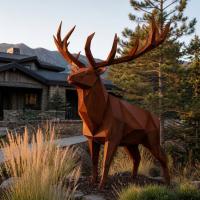 China Custom Life Size Corten Steel Elk Sculpture Low Poly Geometric Metal Stag Statue Outdoor Garden Decor Rusted Weathered Steel Animal Art for sale
