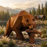 China Large Corten Steel Grizzly Bear Sculpture Low Poly Geometric Bear With Fish Statue Outdoor Garden Decor Rusted Metal Lawn Art for sale