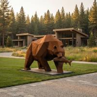 China Large Corten Steel Grizzly Bear Sculpture Low Poly Geometric Bear With Fish Statue Outdoor Garden Decor Rusted Metal Lawn Art for sale