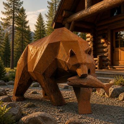 China Large Corten Steel Grizzly Bear Sculpture Low Poly Geometric Bear With Fish Statue Outdoor Garden Decor Rusted Metal Lawn Art for sale