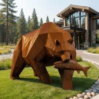 China Large Corten Steel Grizzly Bear Sculpture Low Poly Geometric Bear With Fish Statue Outdoor Garden Decor Rusted Metal Lawn Art for sale